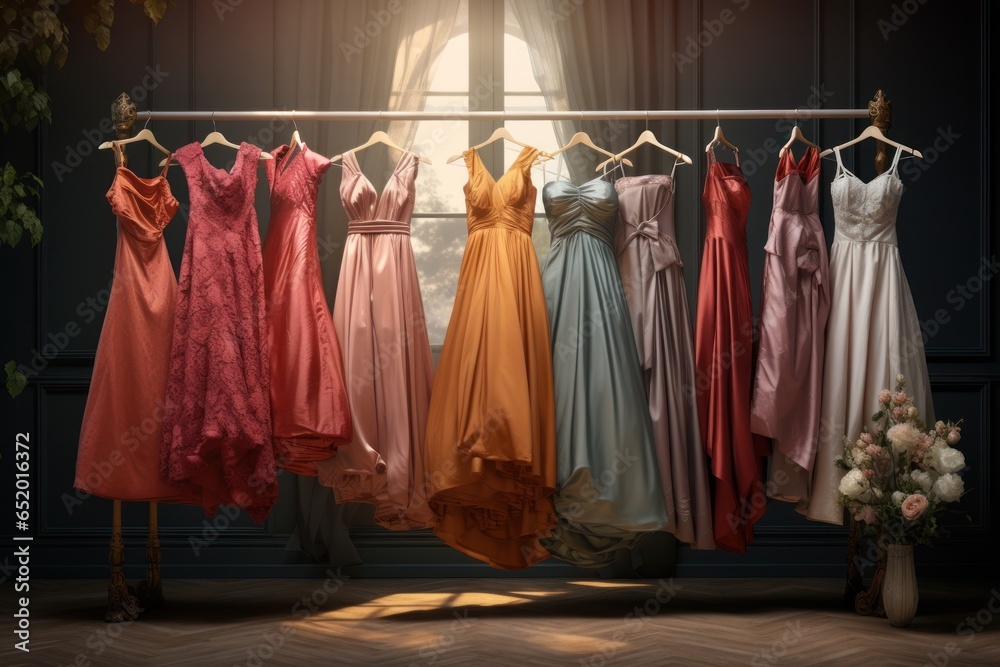 A collection of dresses hanging on a rack. Perfect for showcasing the ...