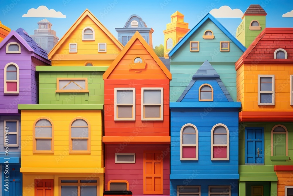 A vibrant collection of houses in various colors set against a ...