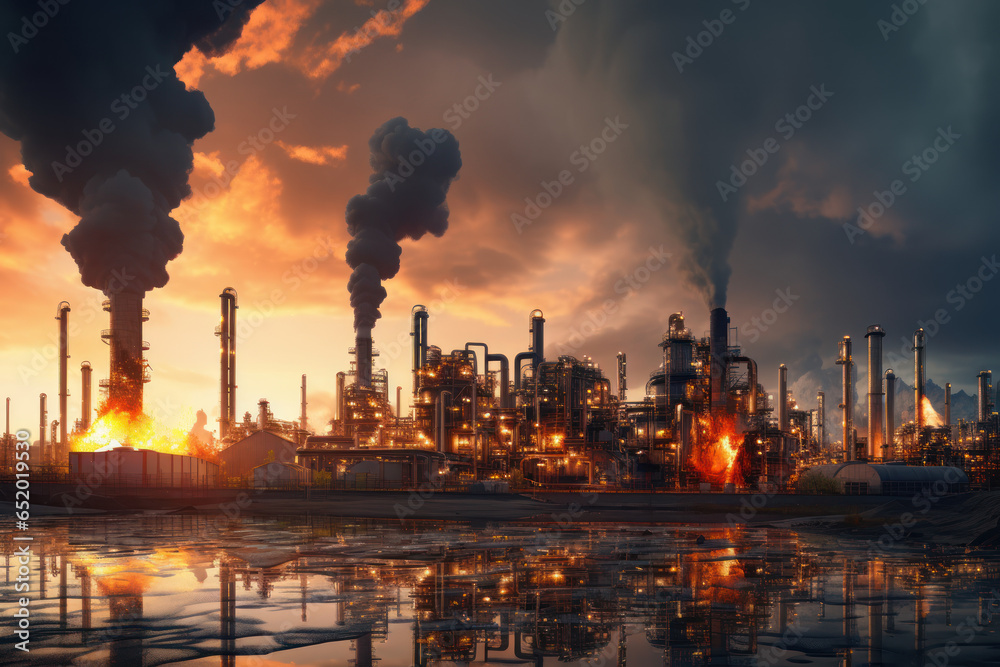 An oil refinery with tall stacks emitting steam, representing the ...