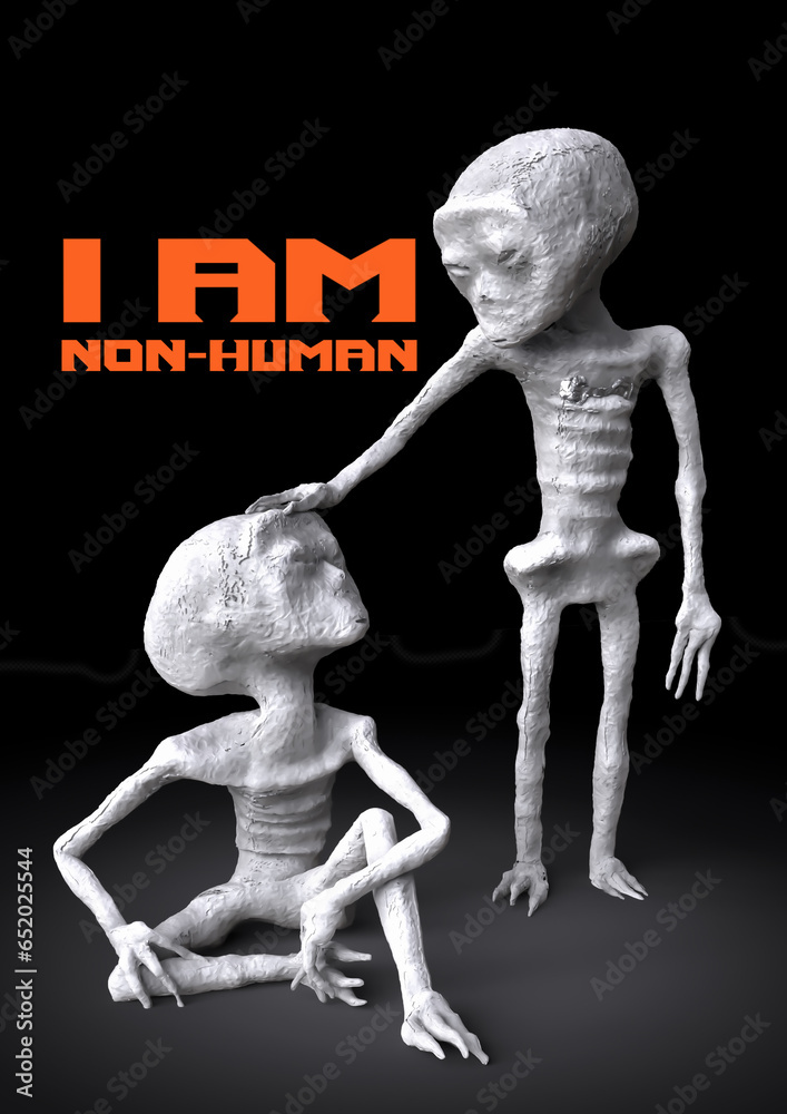 Non-human body, alien mummy, Nazca Mummy, Mexico. Black background. 3D ...