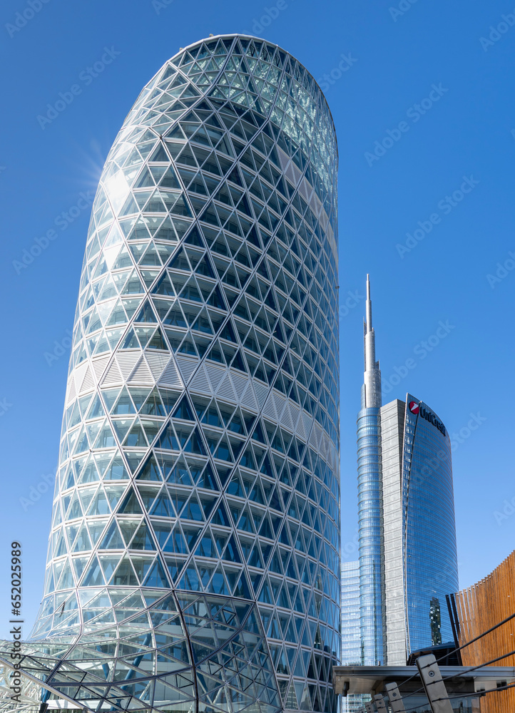Milano, Italy. The iconic UnipolSai tower and the BAM public park ...