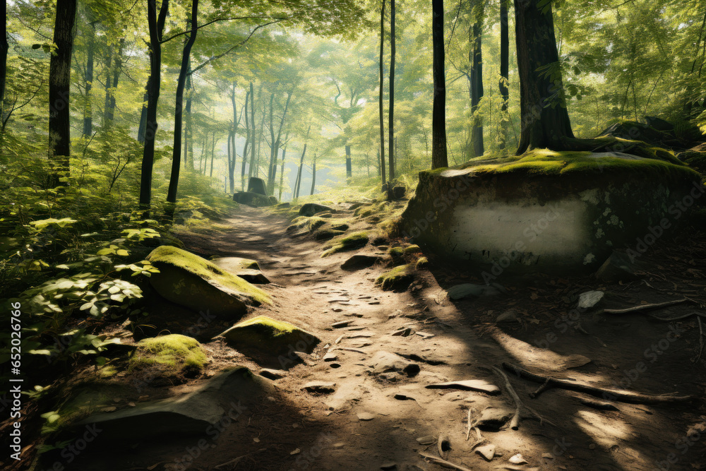 A forest trail adorned with positive affirmations, inviting hikers to ...