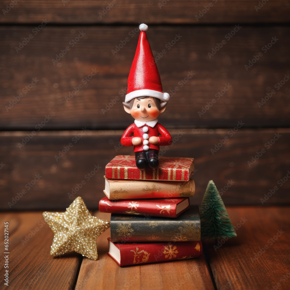 Cute colorful wooden toy elf sitting on a stack of books with copy ...