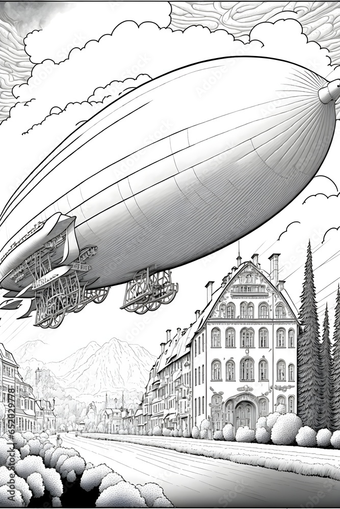 white Vintage dirigibles 1930 year white background in the old town ...