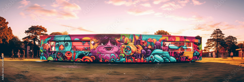 Graffiti art meets park scenery, vivid and bold outlines, populated ...