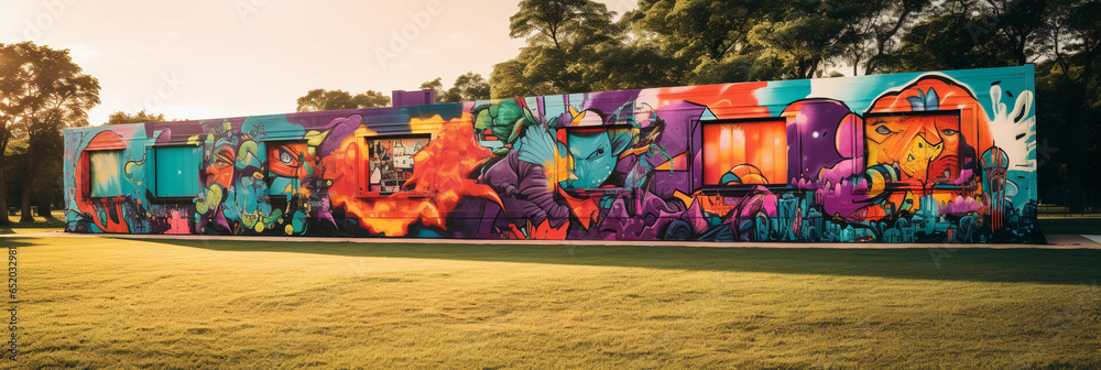 Graffiti art meets park scenery, vivid and bold outlines, populated ...