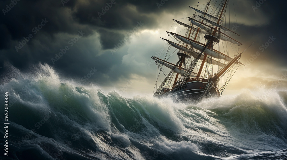 stormy ocean scene, tall ship struggling against towering waves ...