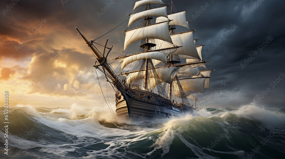 stormy ocean scene, tall ship struggling against towering waves ...