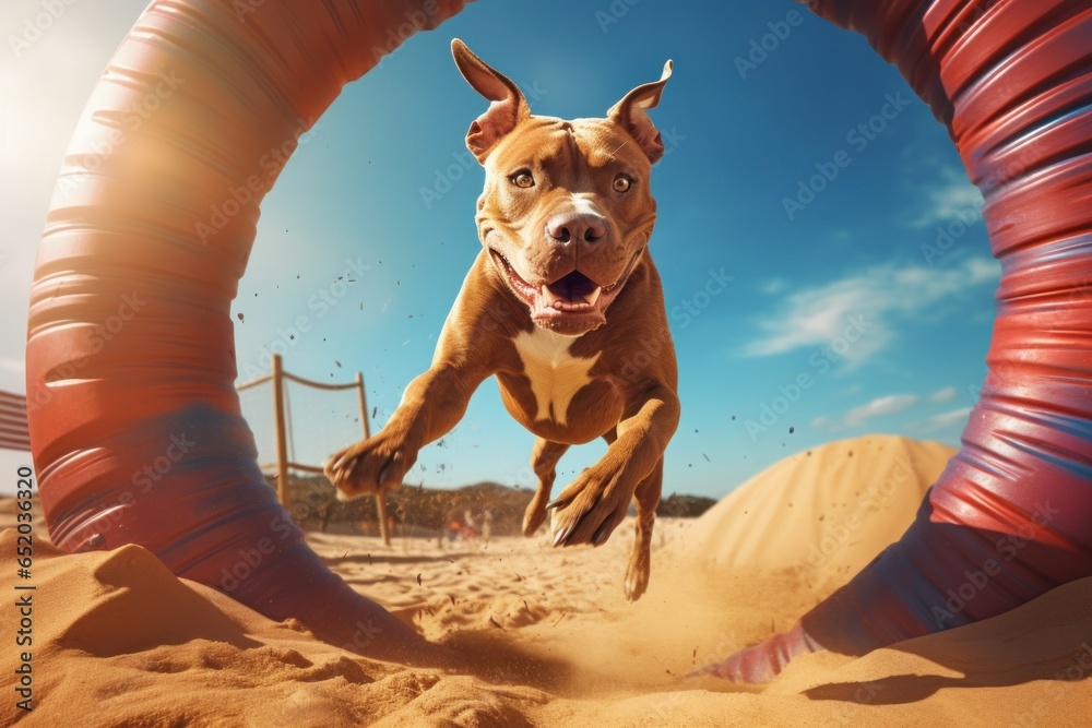A lively dog jumps through a tube buried in the sand. This image ...