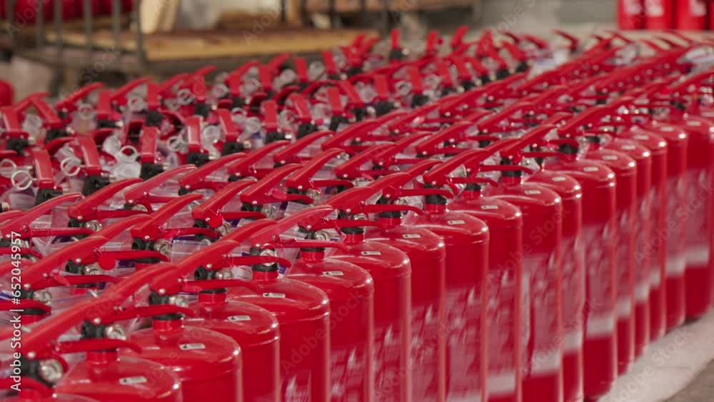 Rows of red fire extinguishers. Fire prevention. Fire extinguishers to ...