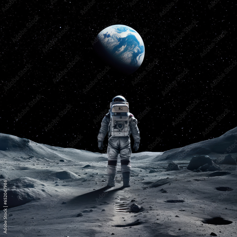 An astronaut stands on the moon's surface, looking at Earth above in ...