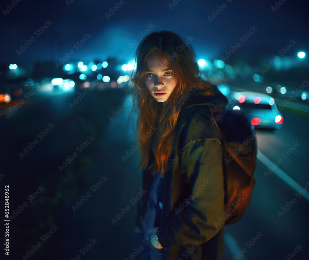 Teenage girl with a wary expression standing against a blurred ...