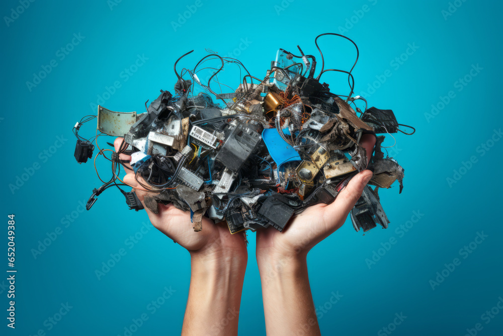 Hands holding electronic waste, cables and other electronic devices ...
