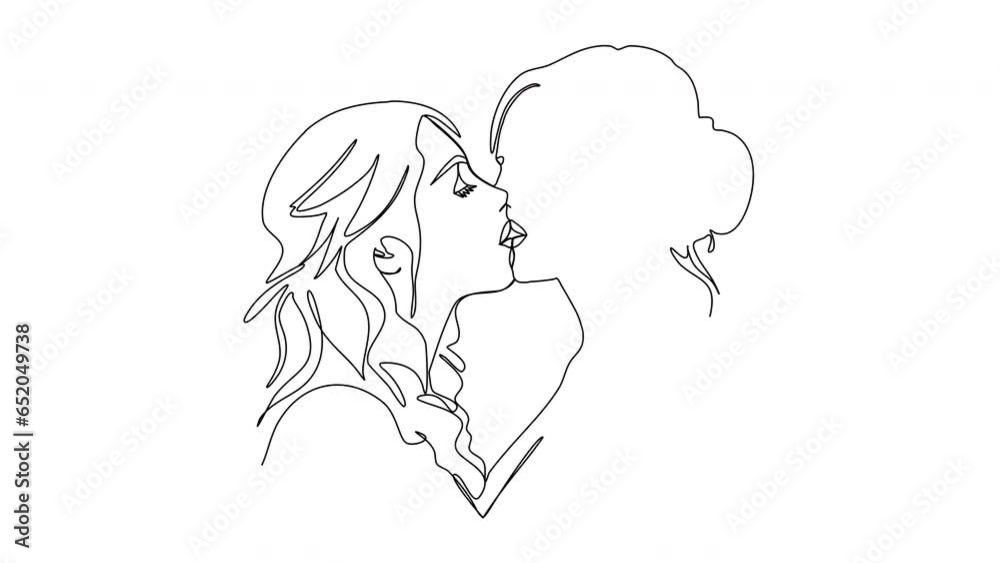 Continuous line two girls kiss line art animation. One line art. Stock ...