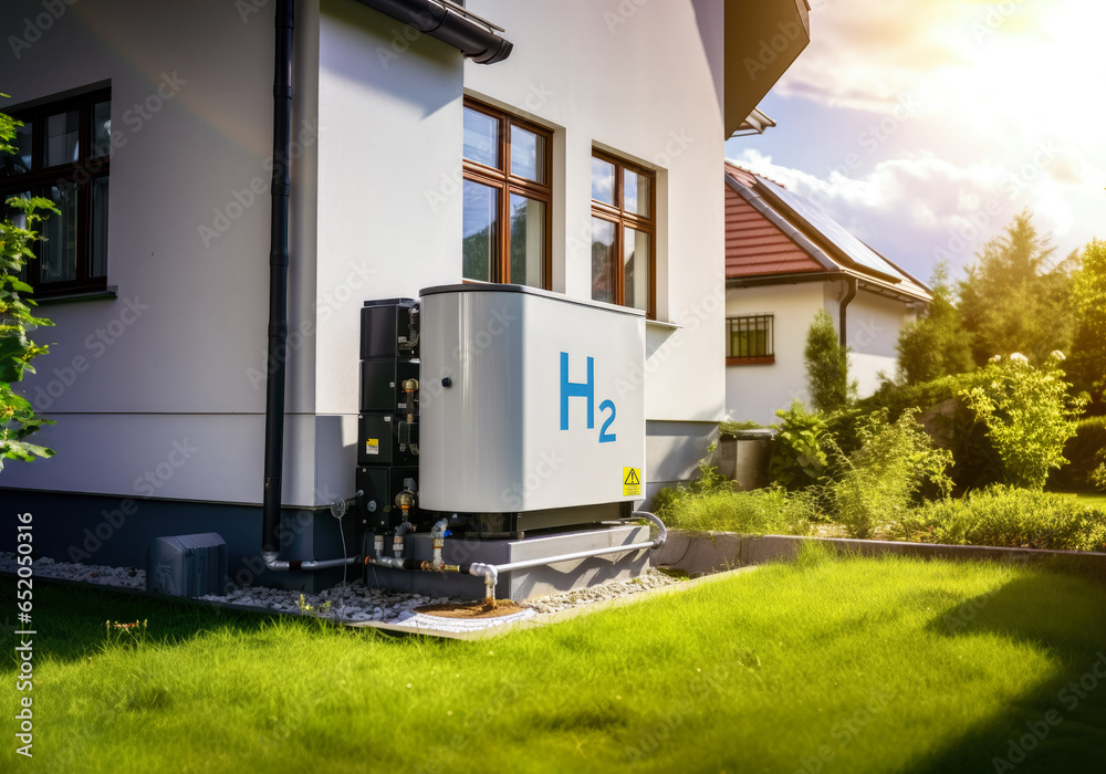 Hydrogen fuel cell power generator near residential house, clean energy ...
