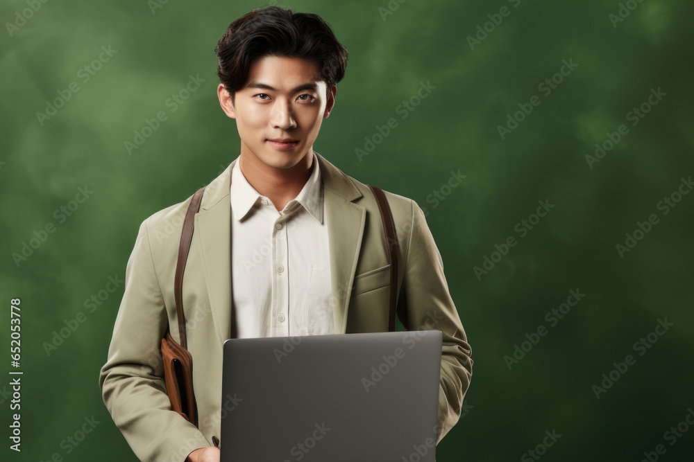 Professional man dressed in suit holding laptop. This image can be used ...