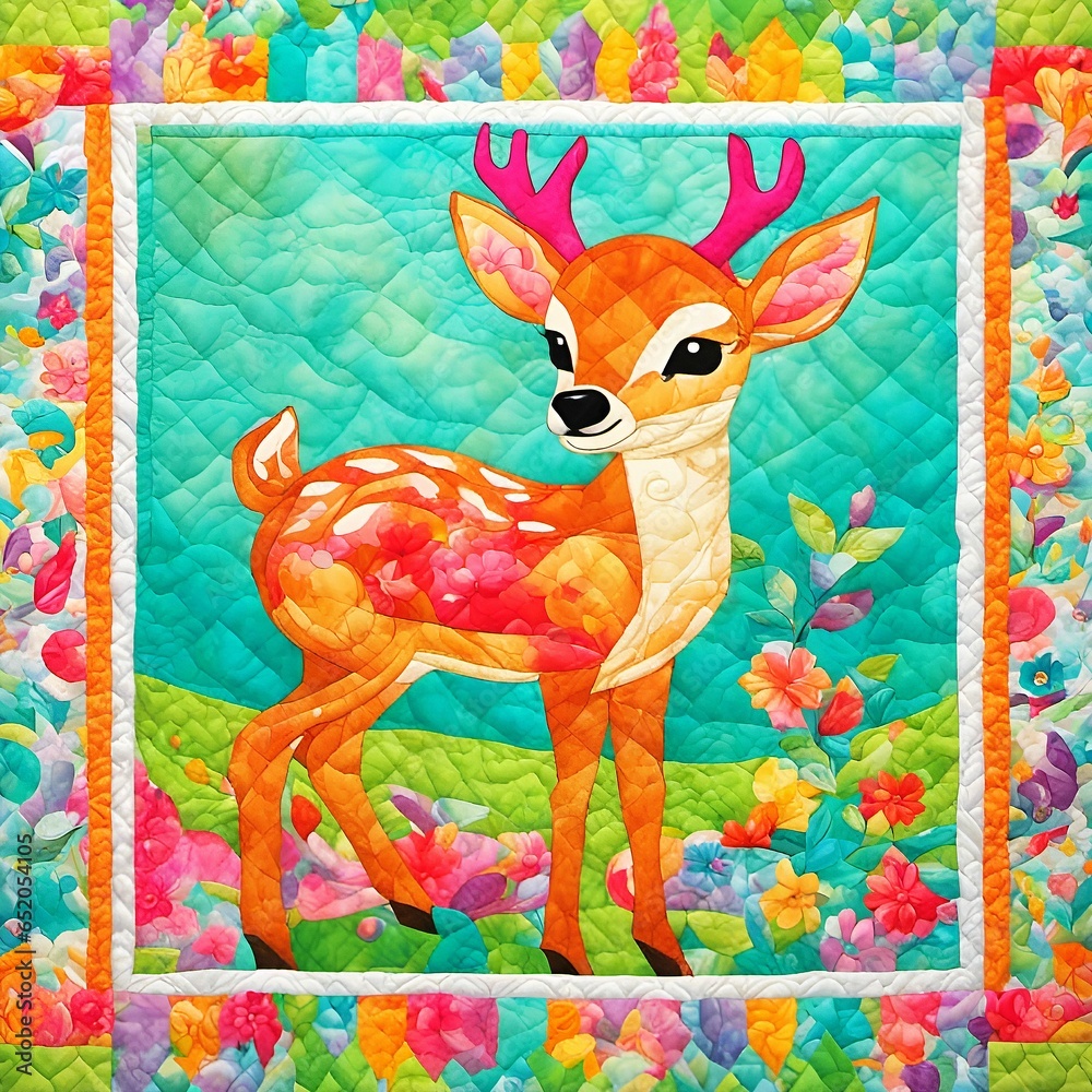 Cute fawn whimsical quilt block with quilted border. Vibrant colors ...