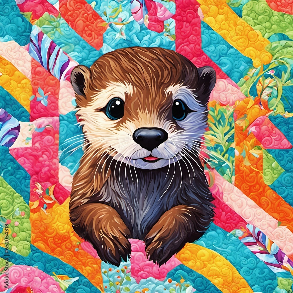 Cute baby otter whimsical quilt block with quilted border. Vibrant ...