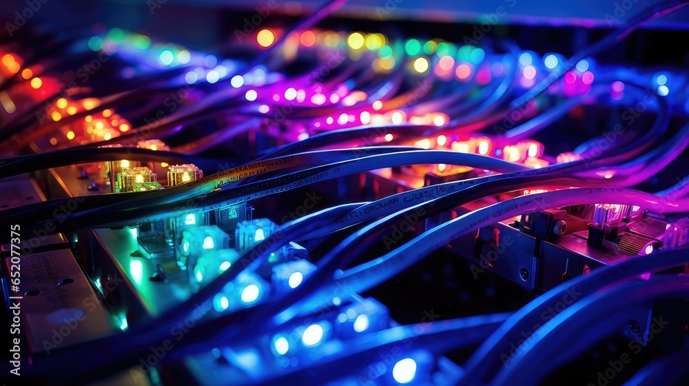 Wires and cables connecting a realistic network of computer hardware ...