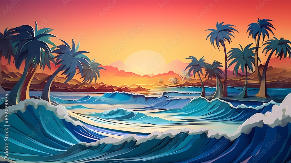 Sea beach summer background. Seashore with palm tree and sand, water ...