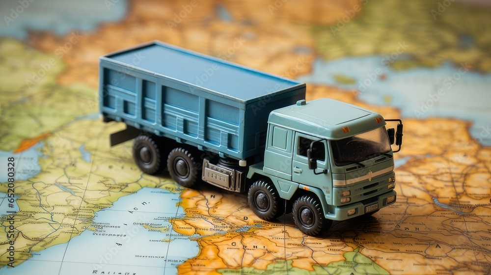 Small toy truck on top of a map to show concept of transport and ...