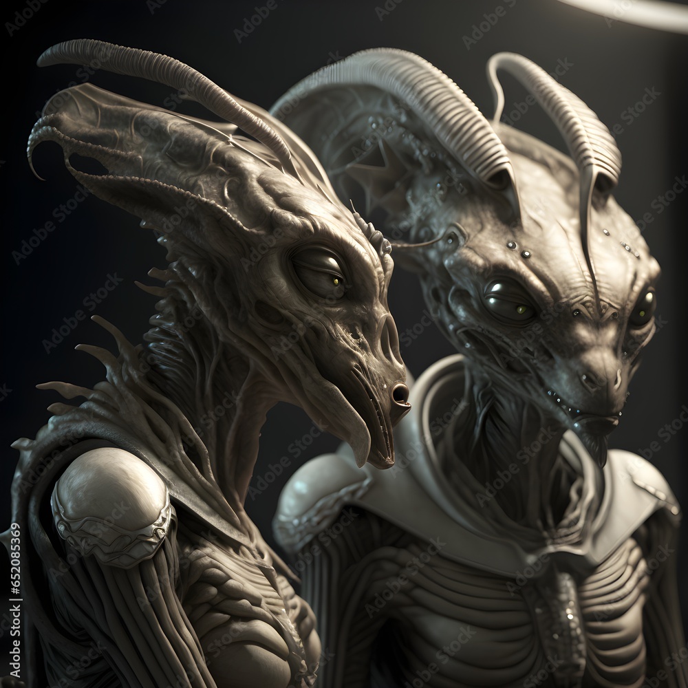 1 male alien and 1 female alien large nonhuman fur tusks hyperdetailed ...