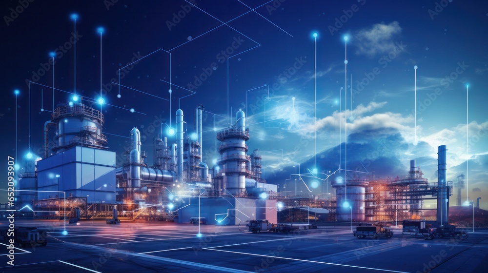 Modern factory, communication network. Telecommunication. IoT, Internet ...