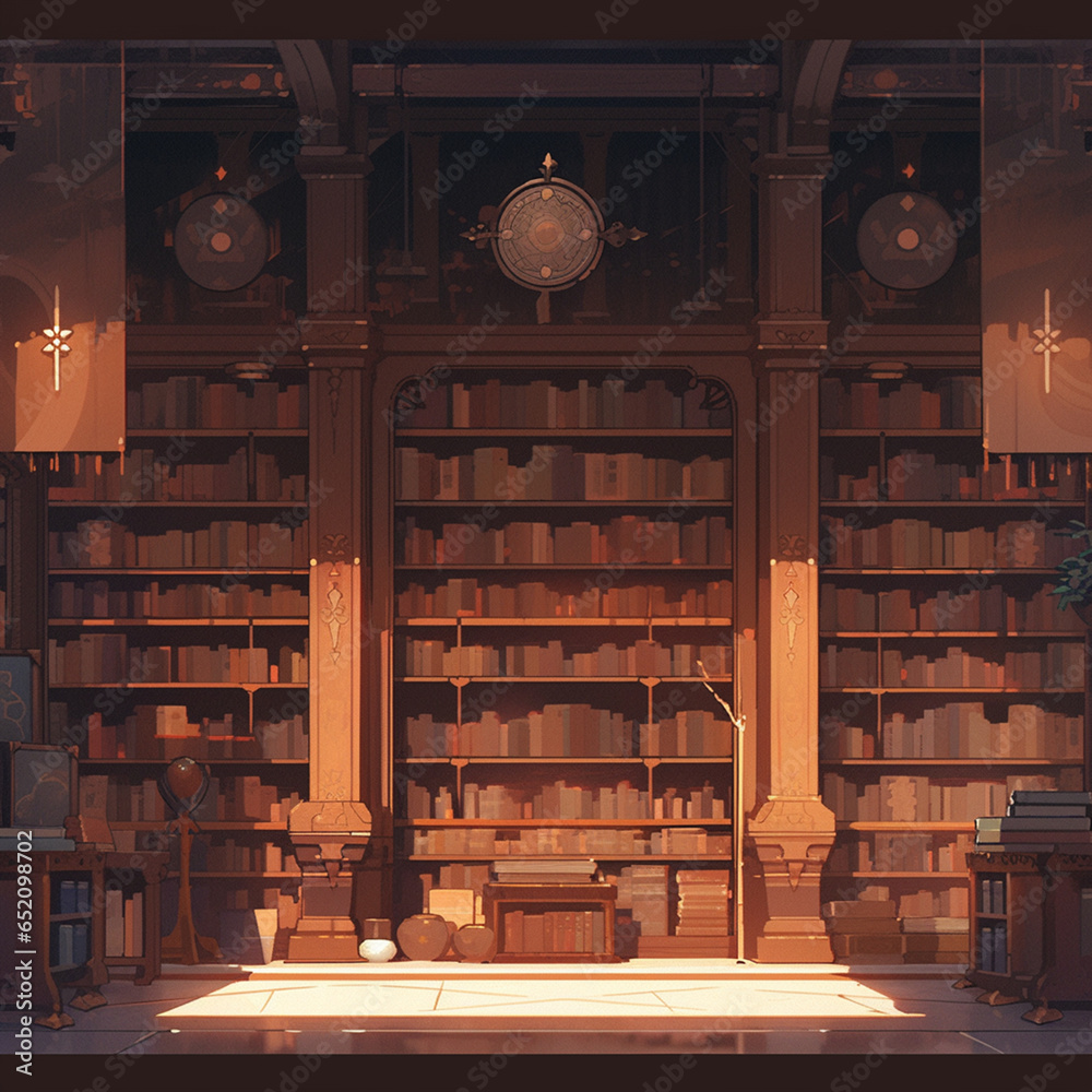 A fantasy library anime illustration. A beautiful view of library in ...