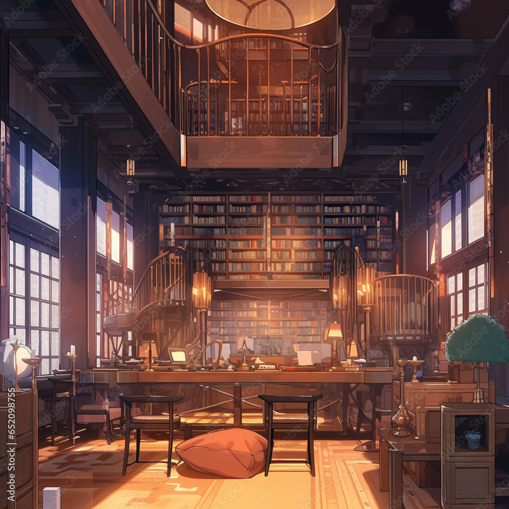 A fantasy library anime illustration. A beautiful view of library in ...