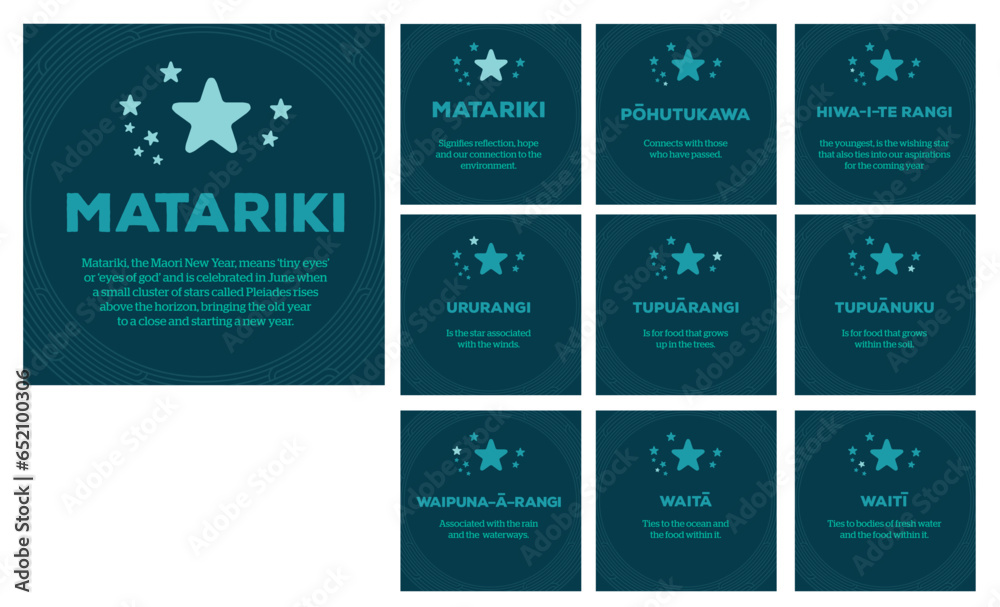 NZ Nine Stars of Matariki maori new year social posts Stock Vector ...