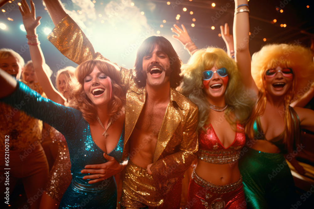 1970s Disco Dancing. A group of friends grooving to the funky beats at a discotheque, wearing ...