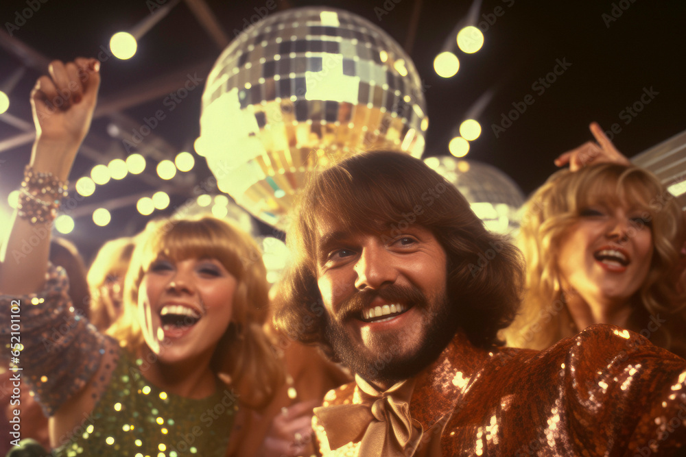 1970s Disco Dancing. A group of friends grooving to the funky beats at a discotheque, wearing ...