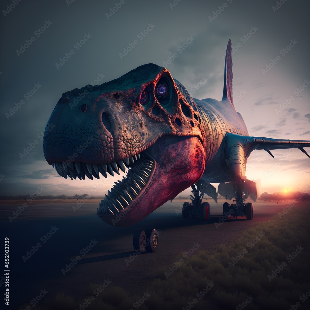 Dinosaur airplane photo realistic realism light from behind fantasy ...
