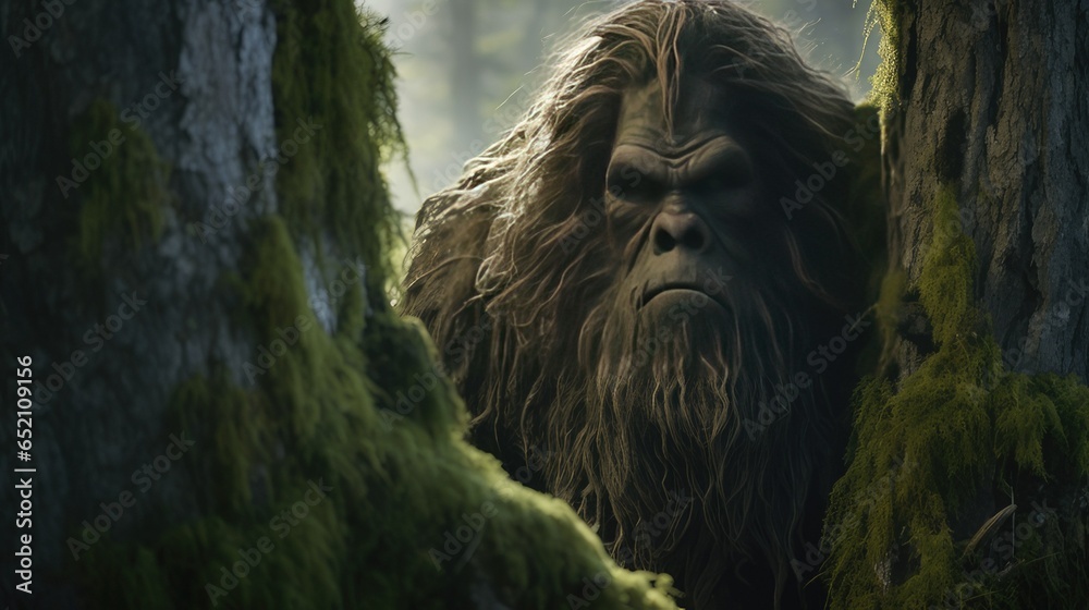 large sasquatch bigfoot character hiding in the woods. generative AI Stock Illustration | Adobe ...