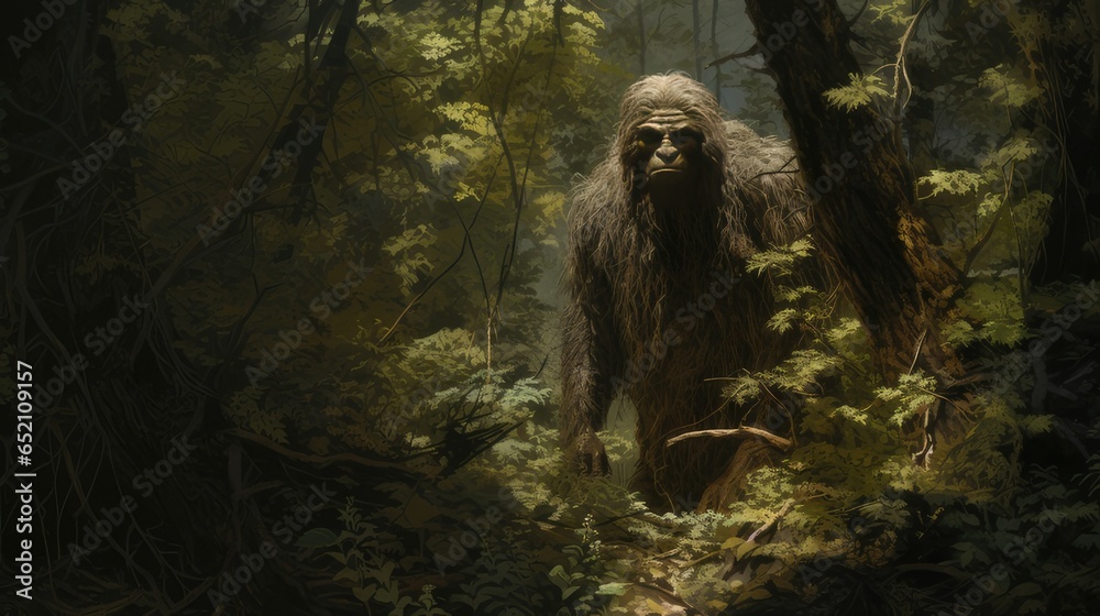 large sasquatch bigfoot character hiding in the woods. generative AI Stock Illustration | Adobe ...