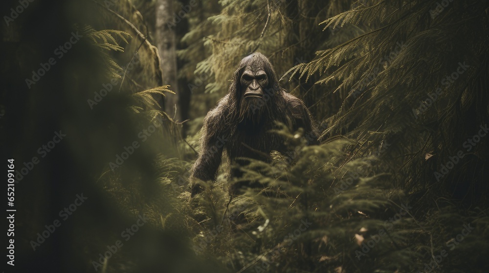 large sasquatch bigfoot character hiding in the woods. generative AI Stock Illustration | Adobe ...