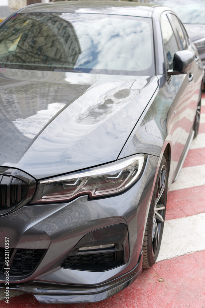 MOSCOW, RUSSIA-May 1, 2022: The modern bmw car is gray in color and has ...