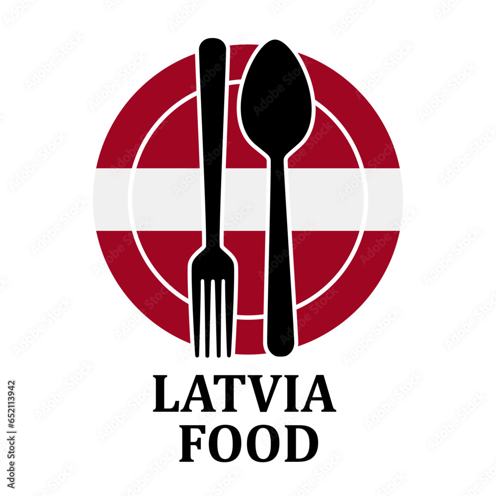 Latvia Restaurant food logo. Flag symbol with plate spoon and fork Icon ...