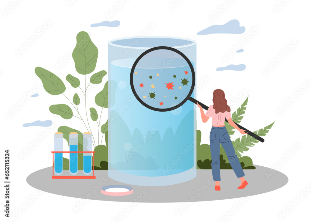 Woman checking water with magnifier vector illustration. Glass and test ...