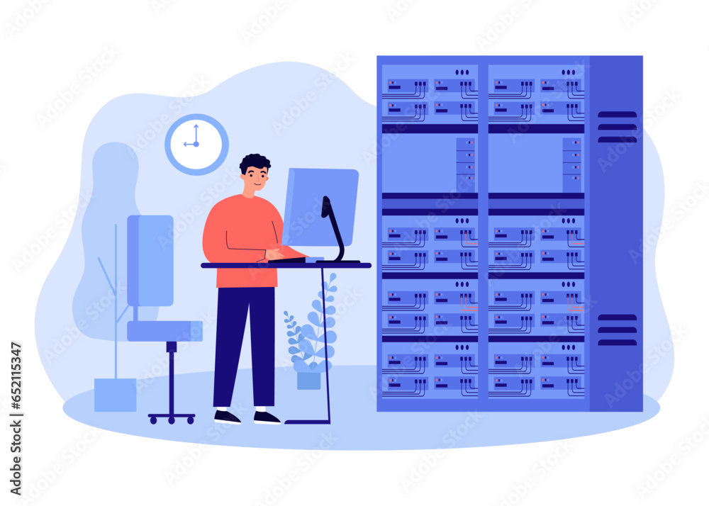 IT worker at data center with row of servers vector illustration ...
