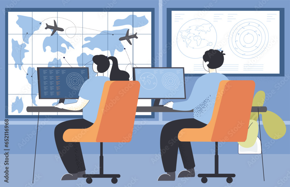 Workers in air traffic control tower vector illustration. Cartoon ...