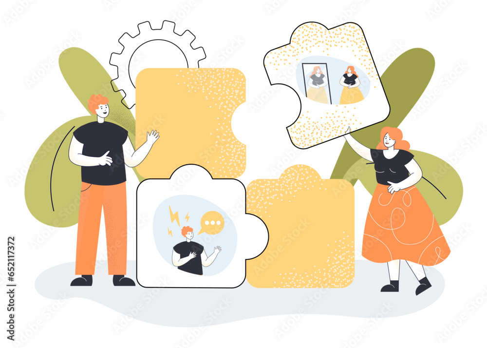 Man and woman with insecurity puzzle pieces vector illustration ...