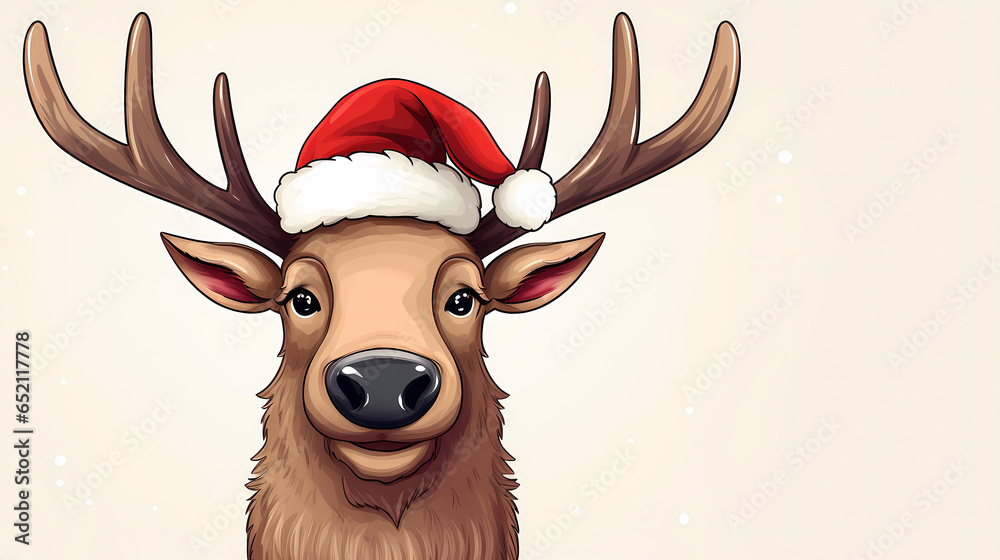 Hand drawn cartoon illustration of an elk wearing a Santa hat Stock ...