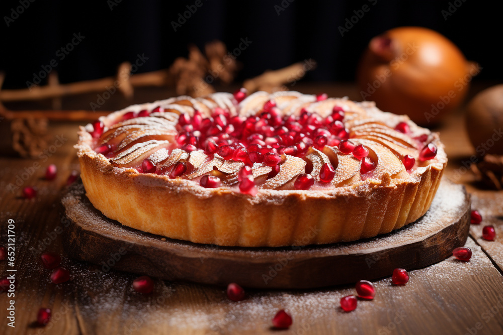 visually stunning pear frangipane tart, adorned with vibrant burst of ...