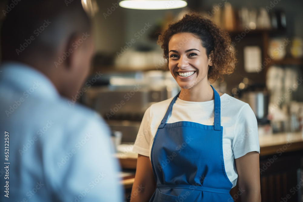 cheerful and attractive waitress, dressed in a vibrant blue apron ...