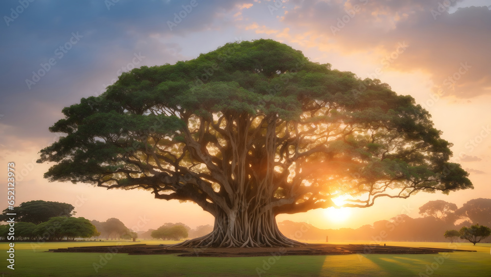 Big size natural banyan tree with the sunrise background. Image is ...