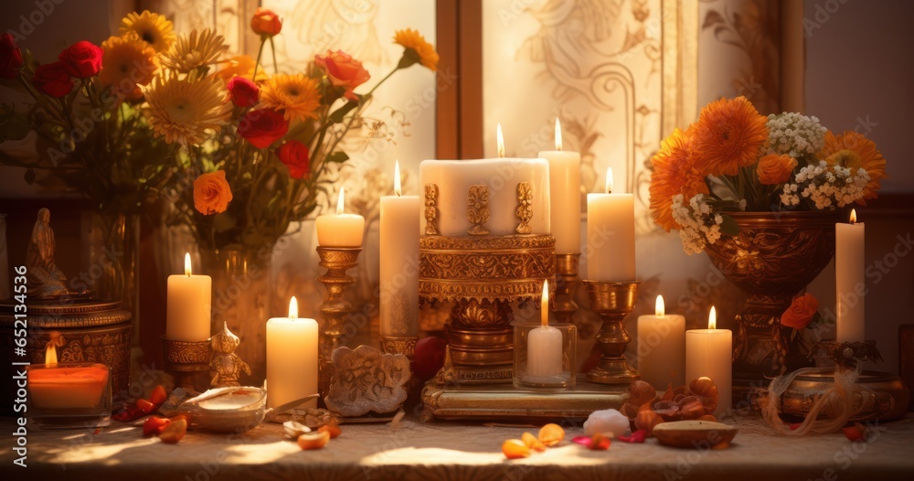 Sacred altar set for worship, adorned with lit candles, fresh flowers ...