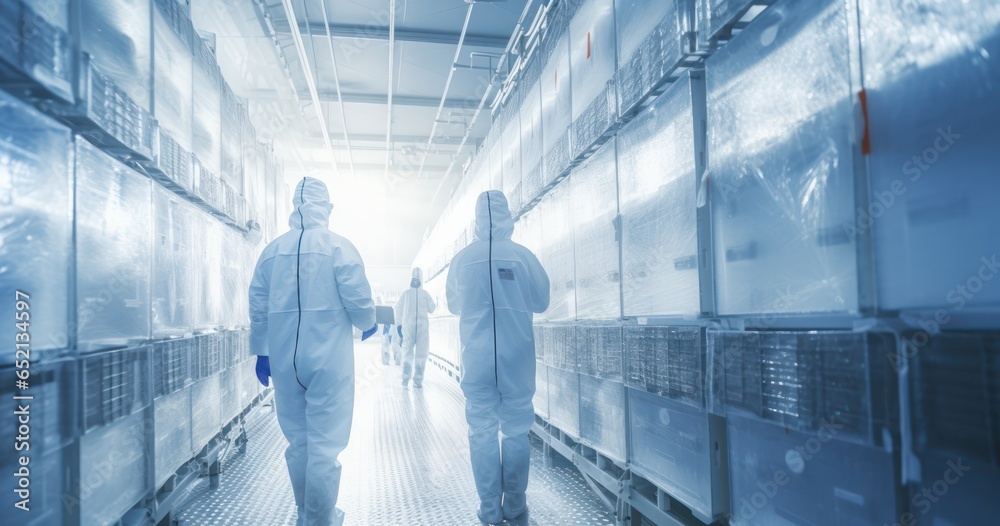 Workers in cold storage suits, managing frozen products in a vast ...