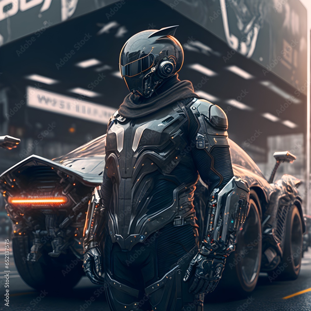 Futuristic young male street racer holding helmet in hand standing next ...