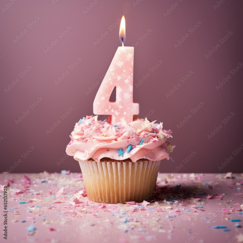 Birthday Cupcake With Number four, Candle cupcake with a candle in the ...